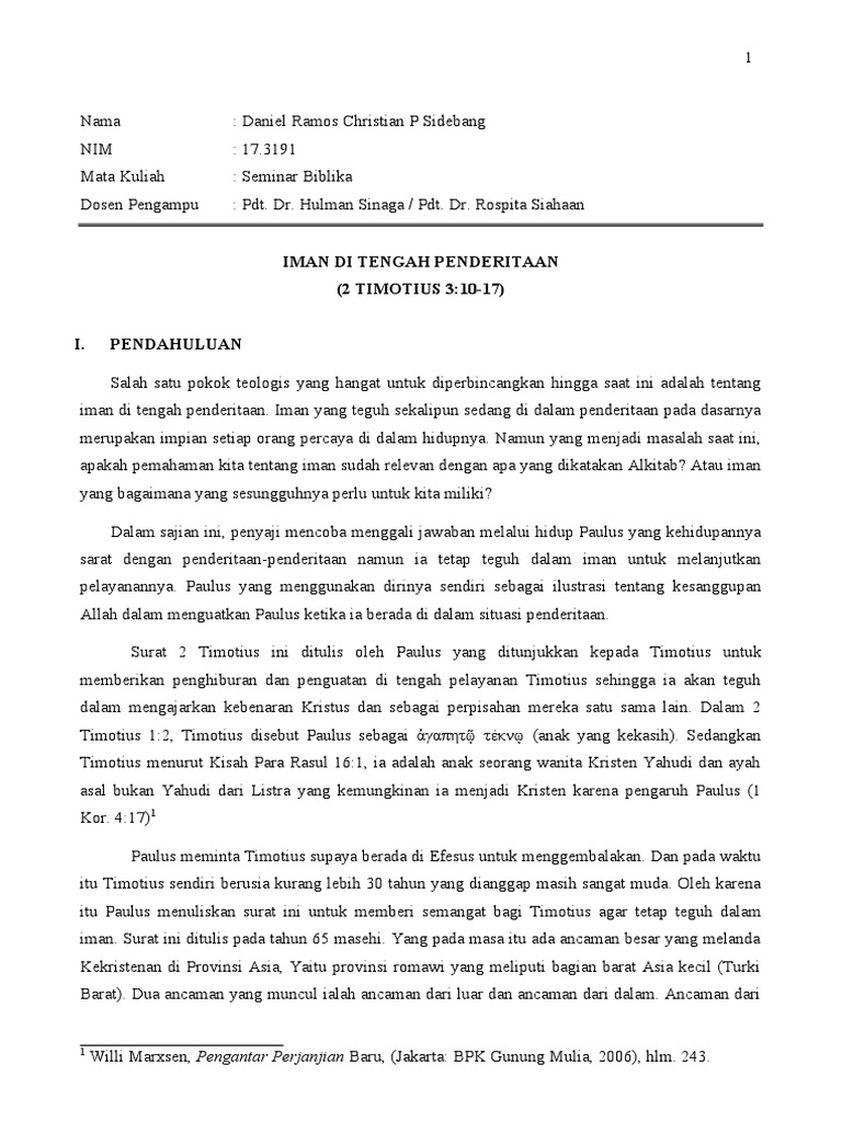 Daniel Ramos Sidebang - Iman Di Tengah Penderitaan - 2 Timotius 3 10-17 | PDF