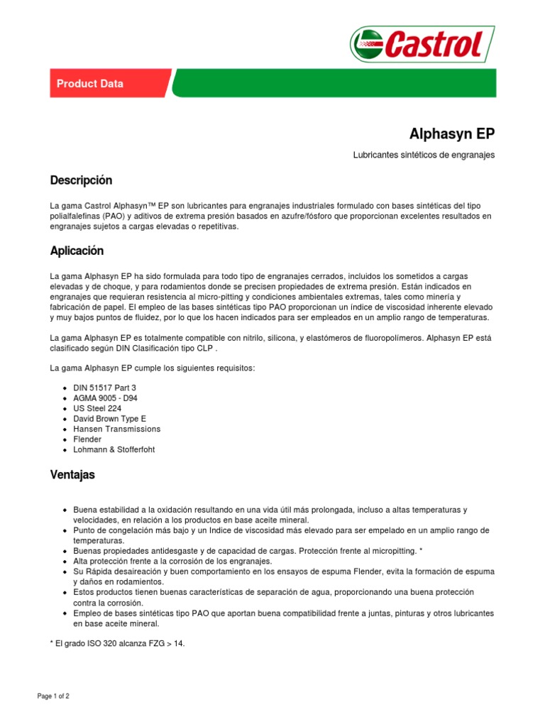 Castrol Alphasyn Ep 320 | PDF | Engranaje | Lubricante