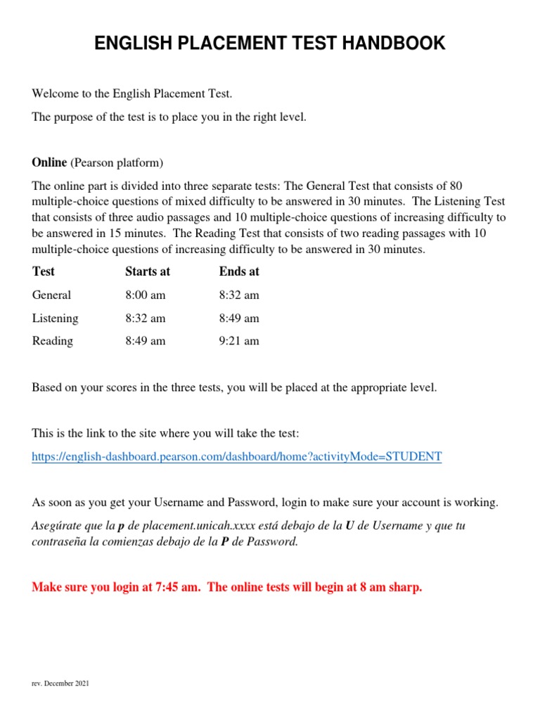 English Placement Test Guidelines | PDF | Password | Test (Assessment)