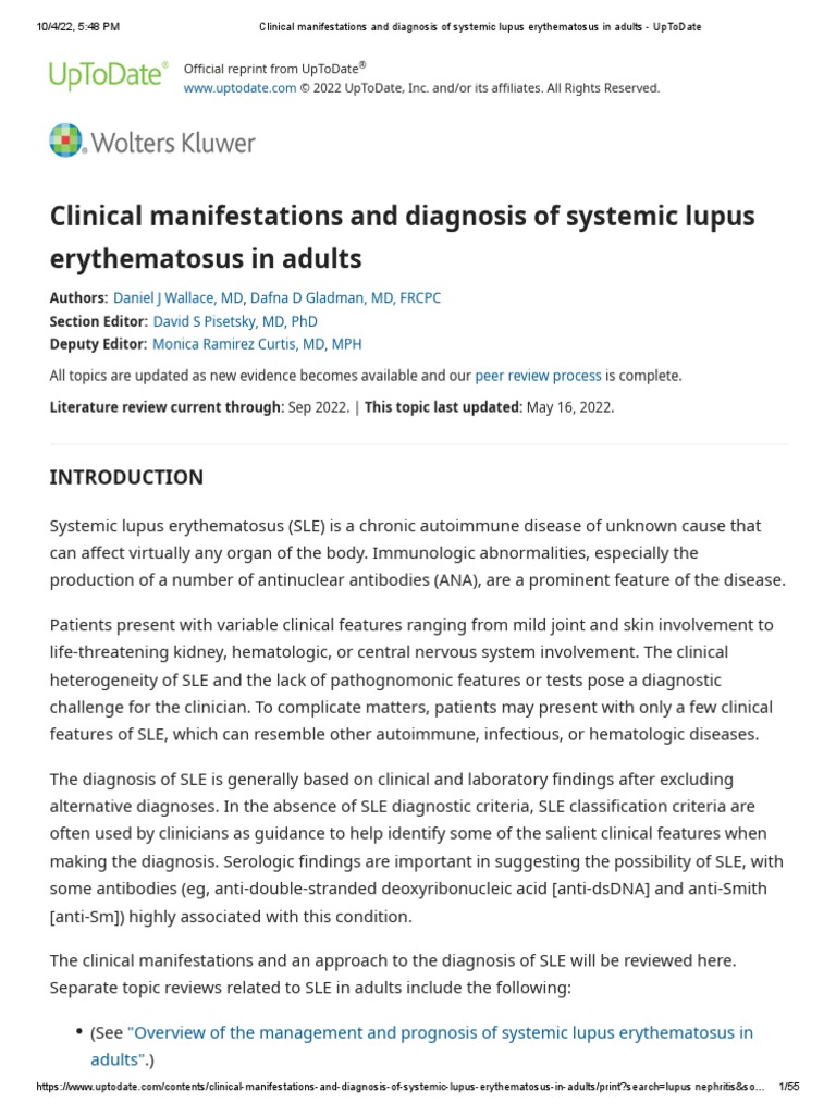 Clinical Manifestations and Diagnosis of Systemic Lupus Erythematosus in Adults - UpToDate | PDF ...