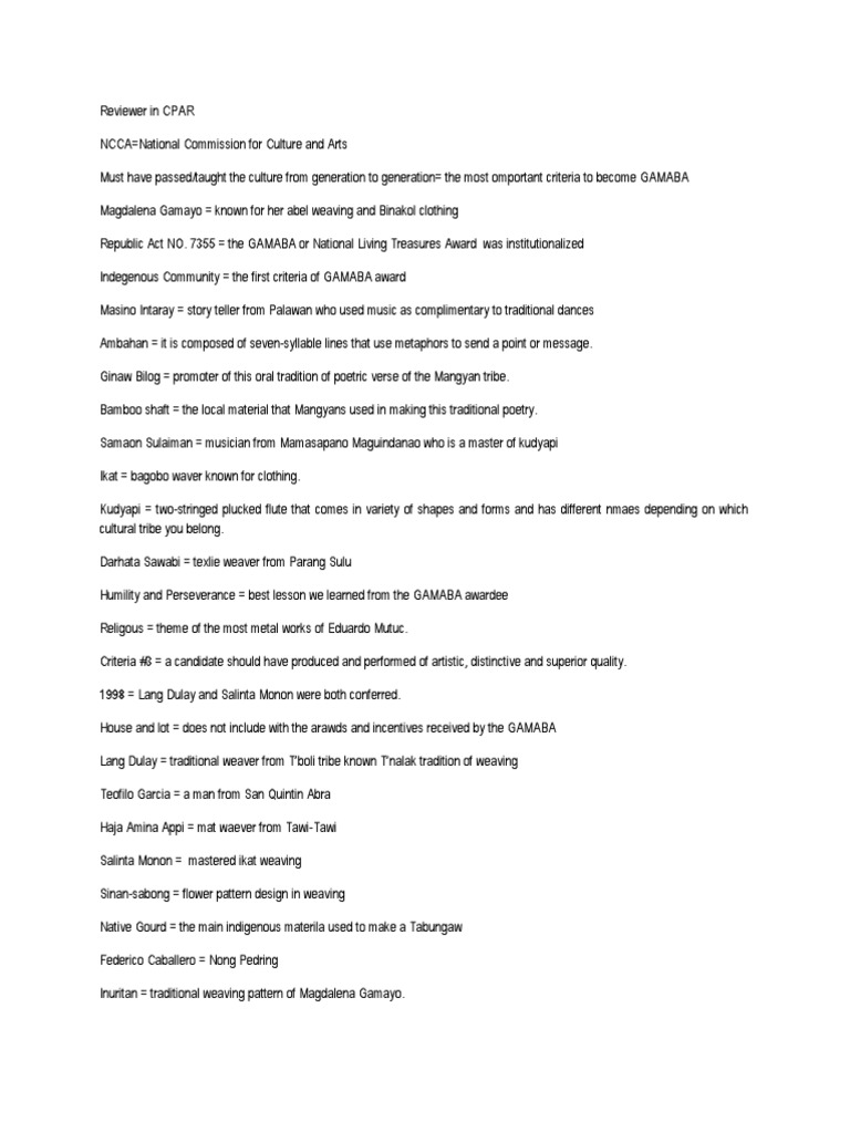 CPAR Reviewer Guide for GAMABA Awardees | PDF | Paintings | Philippines