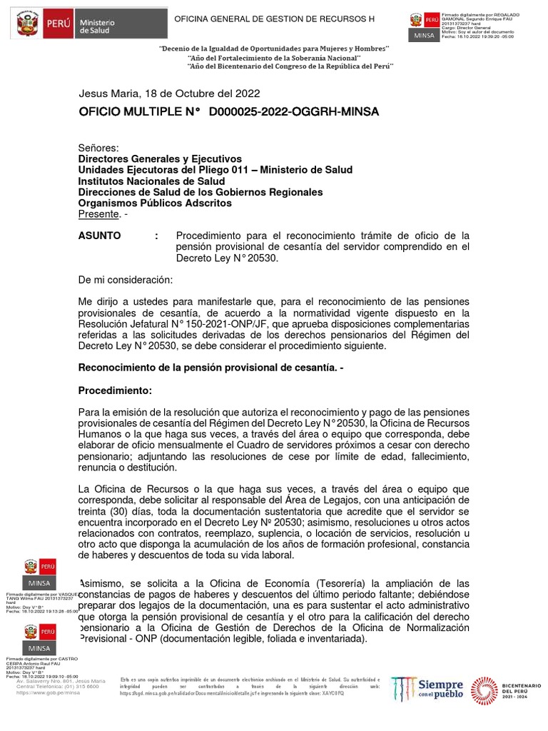 Oficio Multiple-000025-2022-Oggrh - Procedimiento para El Reconocimiento Tramite de Oficio de La ...