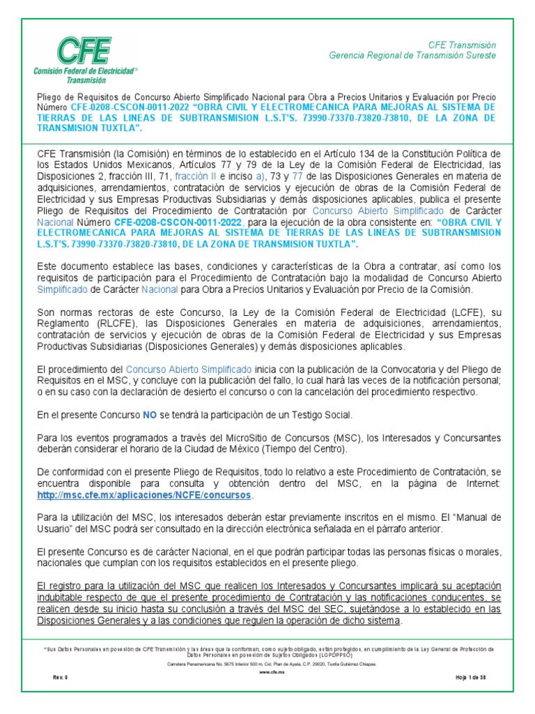 Pliego de Requisitos CFE-0208-CSCON-0011-2022 SDT LTs ZTTX | PDF ...