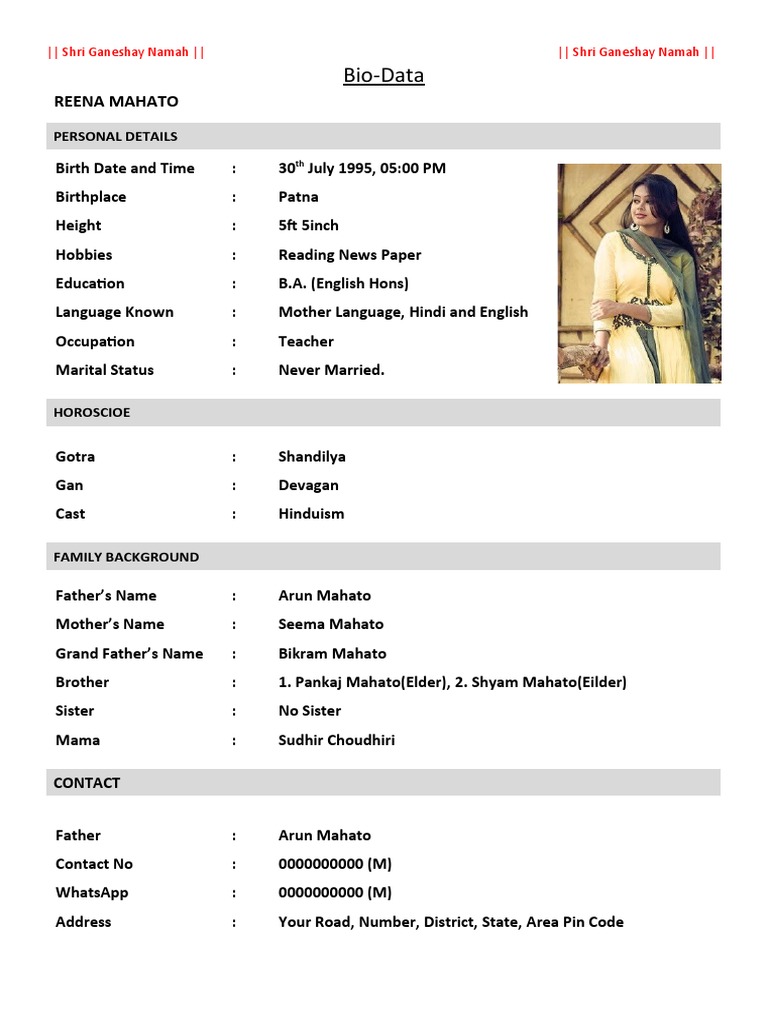 Personal and Family Details of Reena Mahato: A Biodata Document | PDF