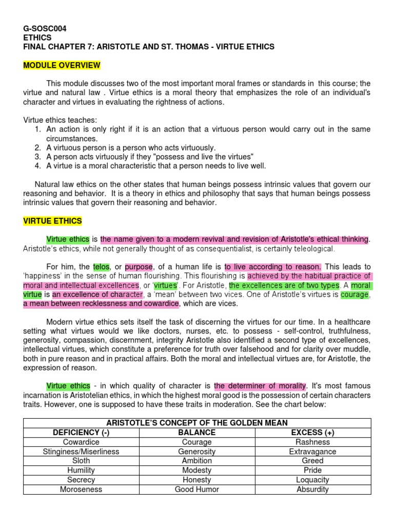 Final Chapter 7 - Aristotle and St. Thomas' Virtue Ethics | PDF ...