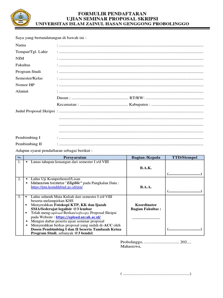 Formulir Pendaftaran Sempro Seminar Proposal | PDF