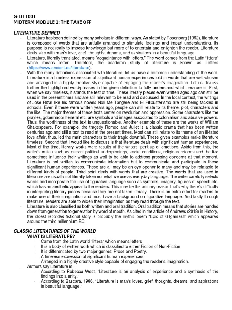 Understanding Literature Through Its Definitions And Genres | PDF | Poetry | Narrative