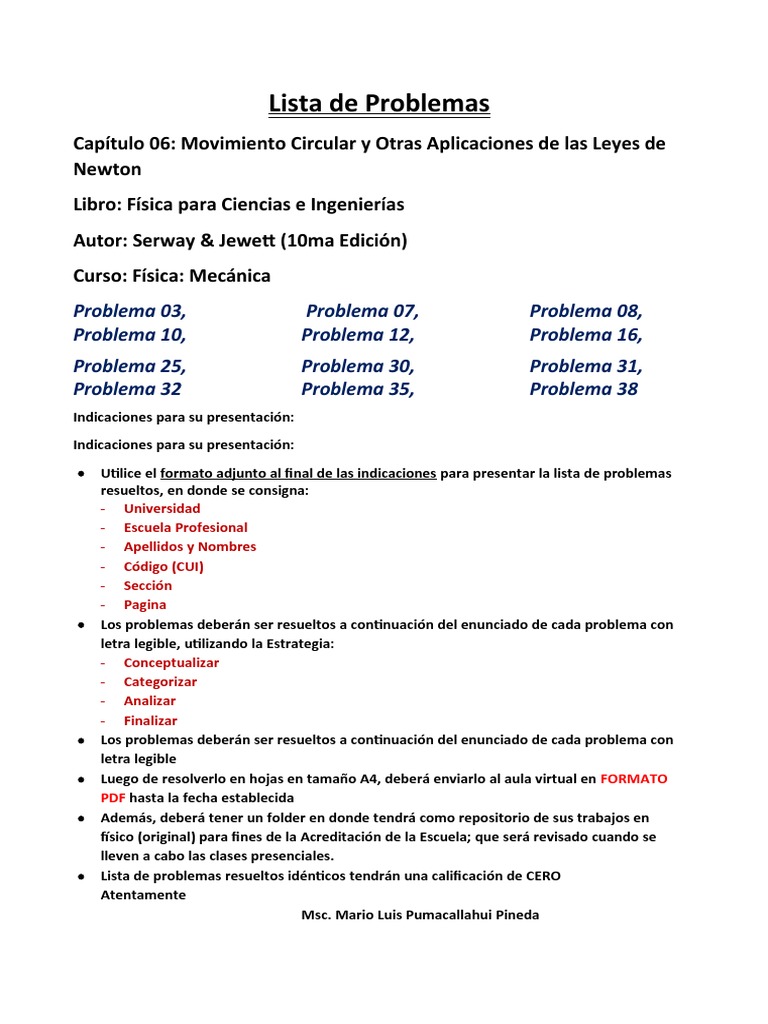 Lista de Problemas Propuestos - Cap. 6 Movimiento Circular y Otras Aplicaciones de Las Leyes de ...