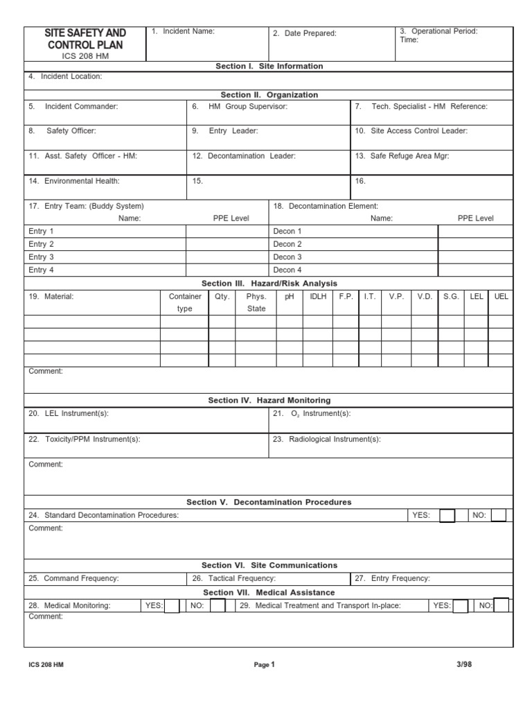 Ics Form 208hm, Site Safety and Control Plan (v3) | PDF | Dangerous ...