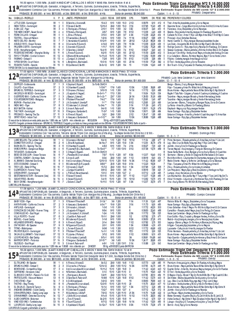 Nro. Caballo - Padrillo K. P. E. Jinete - Preparador Llego Fecha Dist. Serie Cps. Tiempo Div ...