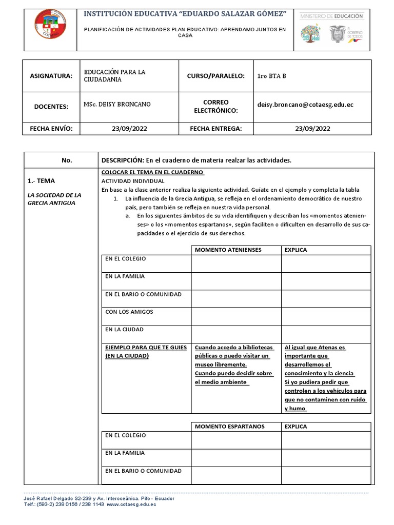 Fichas de Trabajo Semanal Ciudadania 1ro Bta B 23-09-2022 | PDF