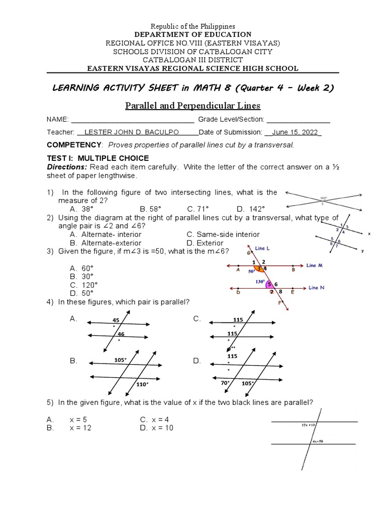 Math 8: Parallel & Perpendicular Lines | PDF | Mathematics | Elementary Mathematics