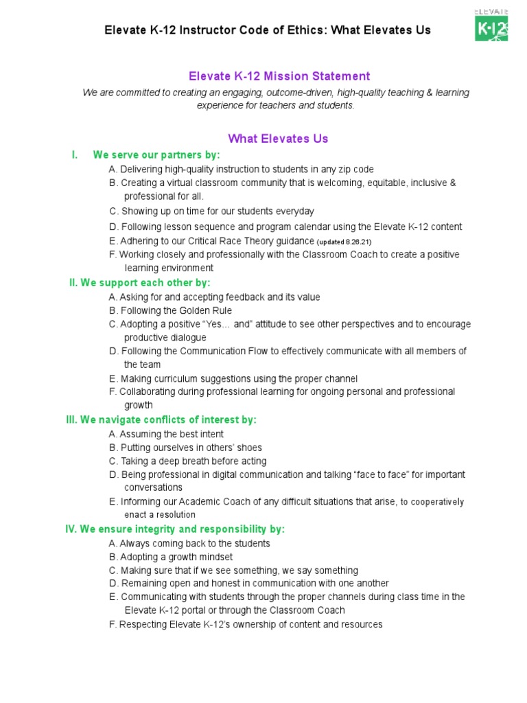 Elevate K-12 Instructor Code of Ethics | Download Free PDF | Teachers ...