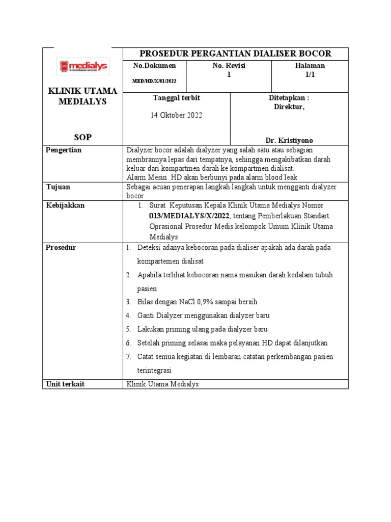 SOP Dialyzer Bocor | PDF