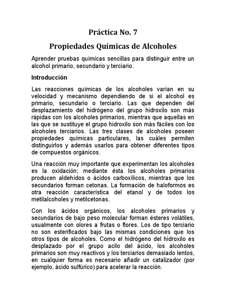 Práctica No. 7. Propiedades Químicas de Los Alcoholes | PDF | Ester | Reacciones químicas