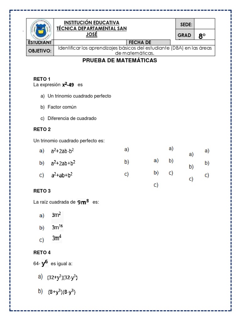 Prueba de Matematicas 8° Grado | PDF Prueba de Matematicas 8° Grado | PDF