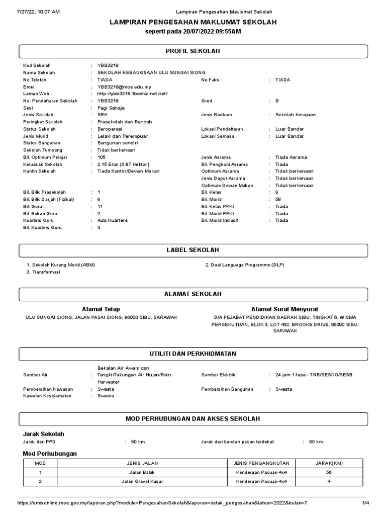 Lampiran Pengesahan Maklumat Sekolah | PDF