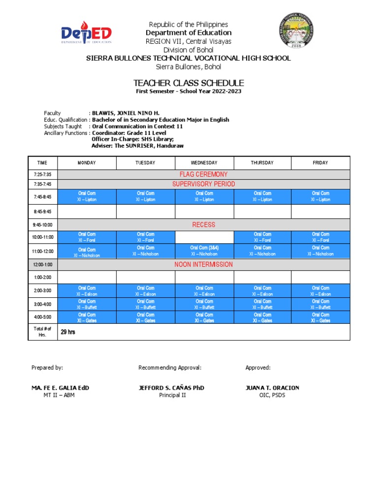 Teacher's Class Schedule for the First Semester of the 2022-2023 School ...
