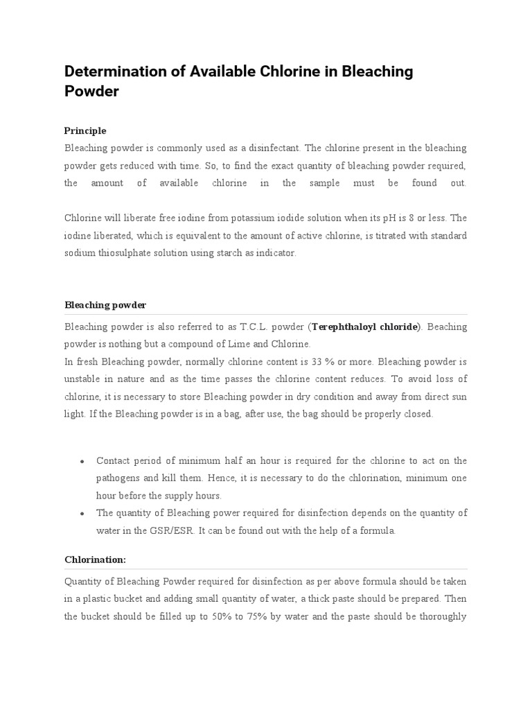 Determination of Available Chlorine in Bleaching Powder | PDF | Science ...