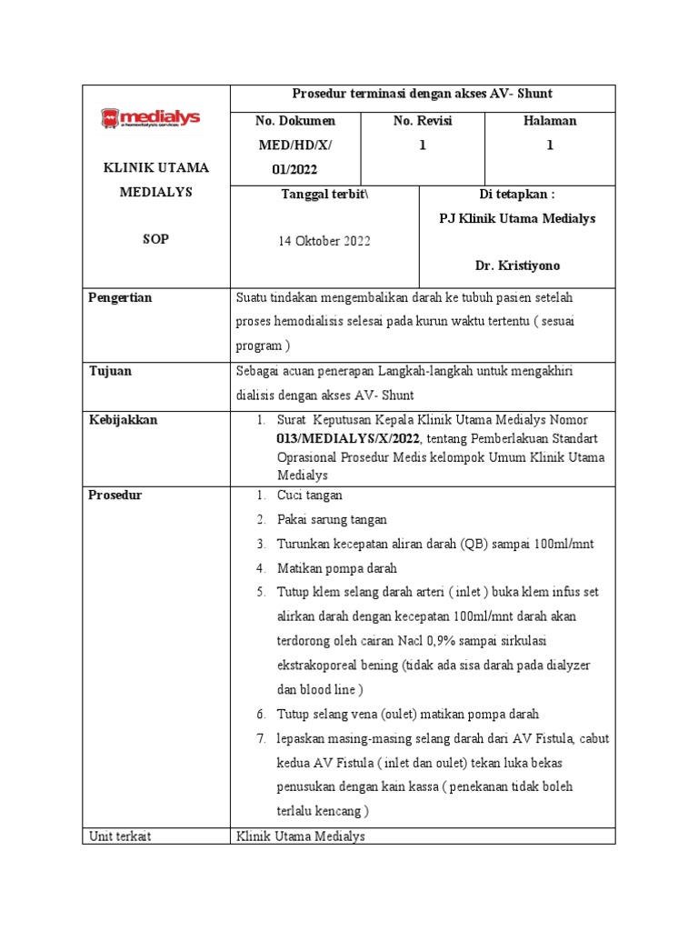 SOP Terminasi Akses Cimino | PDF
