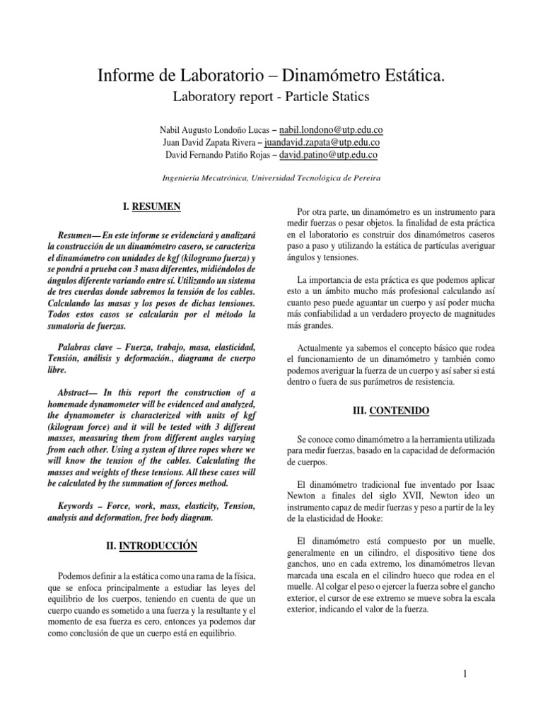 Informe Dinamométro - Estatica | PDF | Fuerza | Masa