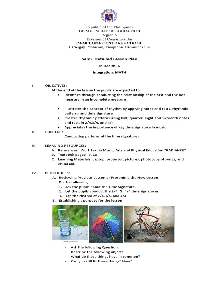 Semi Detailed Lesson Plan in Music 6 For C O | PDF | Rhythm | Learning