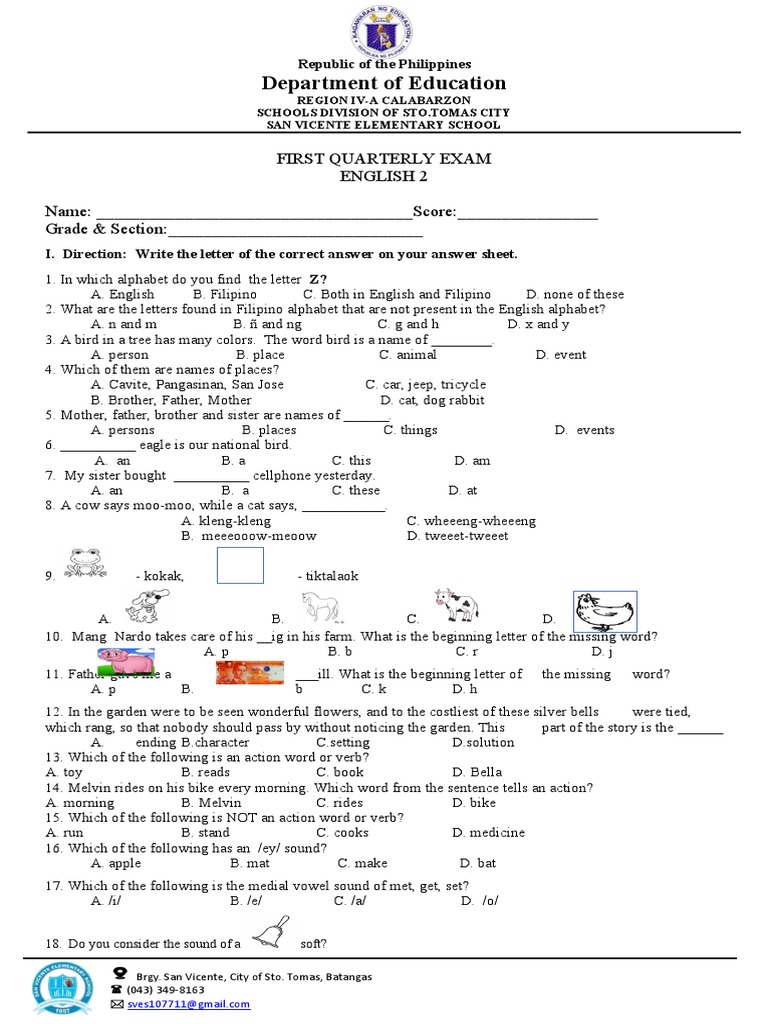 First Quarterly Test in English With Tos | PDF | Languages | Foreign ...