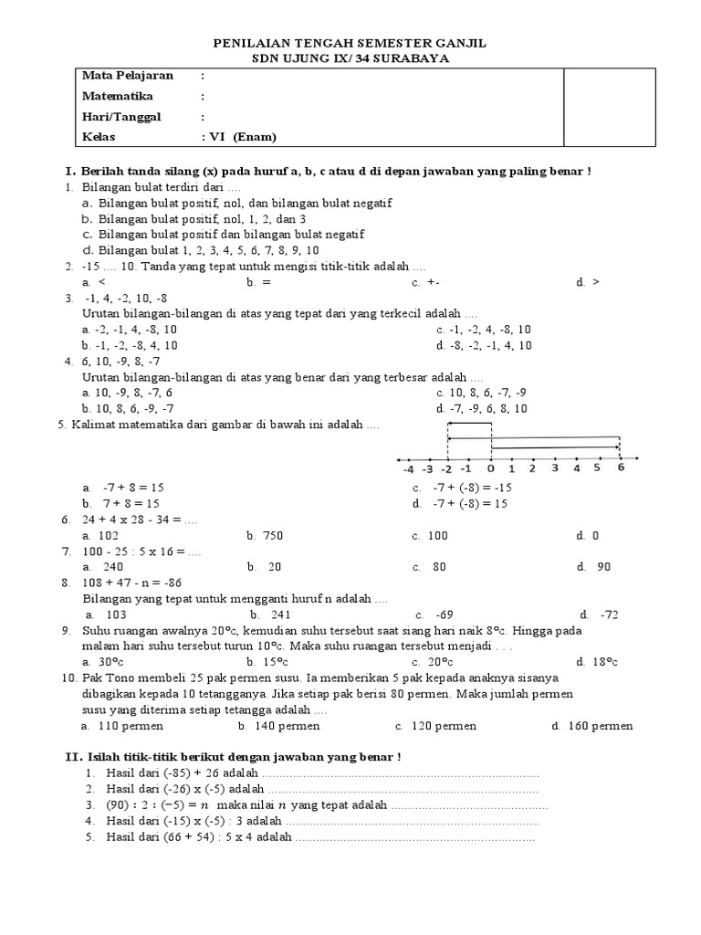 Soal PTS Matematika Kelas 6 Semester 1 K13 Tahun 2021 | PDF