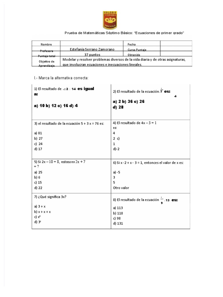 PDF Prueba de Matematicas Septimo Basico Ecuaciones Compress | PDF | Ecuaciones | Matemáticas