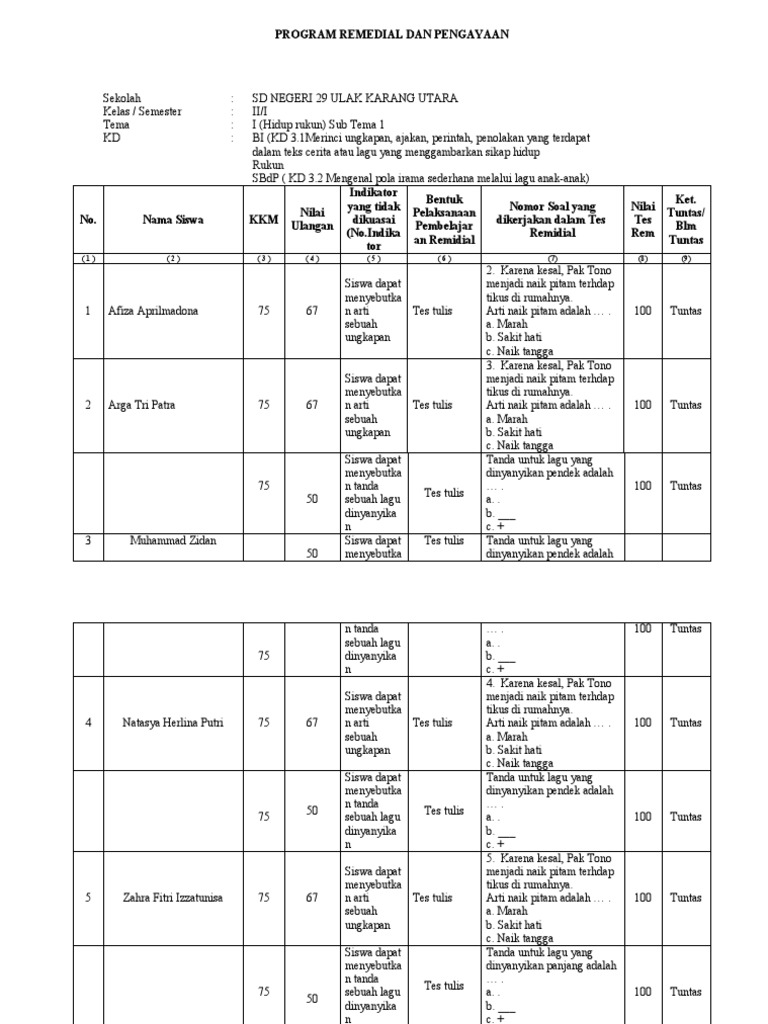 Program Remedial Dan Pengayaan Kelas 2 | PDF