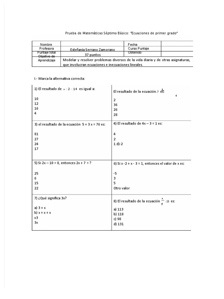 Pdf-Prueba-De-Matematicas-Septimo-Basico-Ecuaciones - Compress Ok | PDF | Ecuaciones | Matemáticas