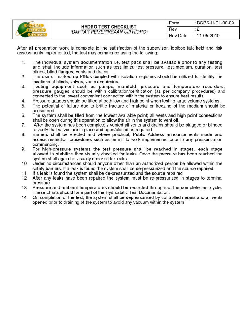 BGPS-H-CL-00-09 Hydro Test Checklist | PDF | Leak | Pressure