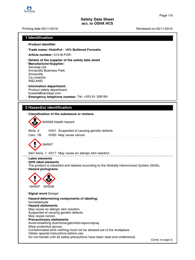 MSDS Histopot FORMALIN | PDF | Dangerous Goods | Formaldehyde