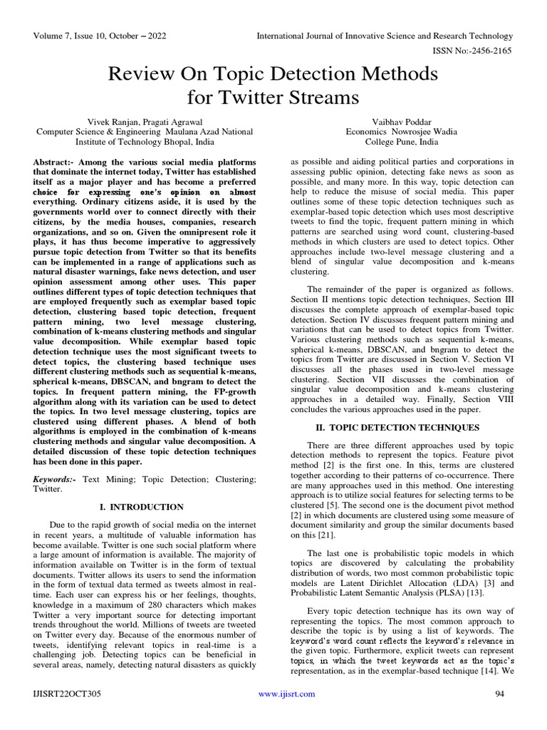 Review On Topic Detection Methods For Twitter Streams | PDF | Cluster Analysis | Matrix ...