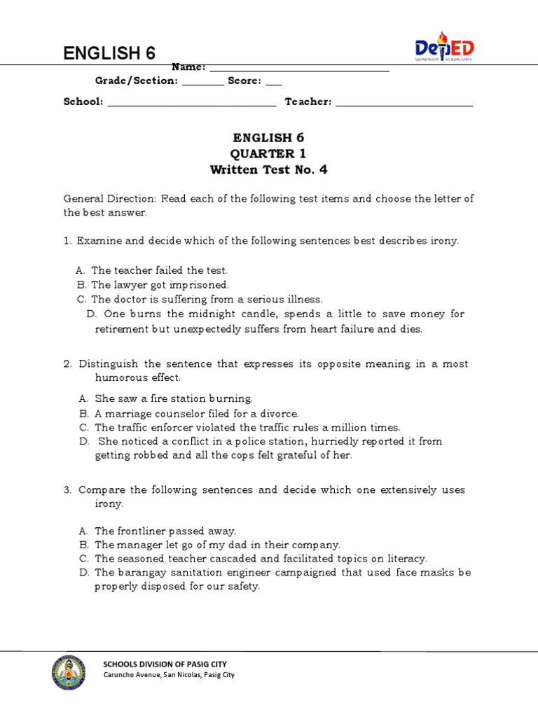 English 6 Written Test No. 4 | PDF