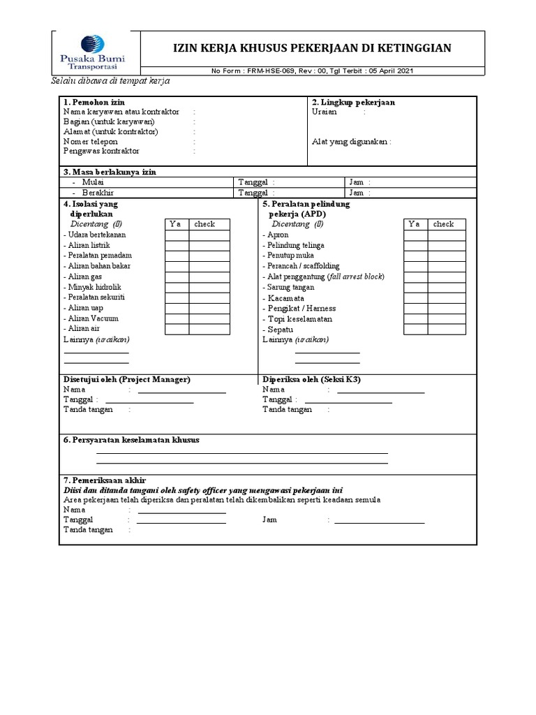 FRM-HSE-069 Ijin Kerja Di Ketinggian | PDF