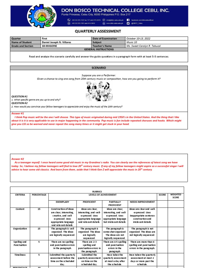 Daniel Joseph Villares - Quarterly Assessment - Music10 | PDF ...