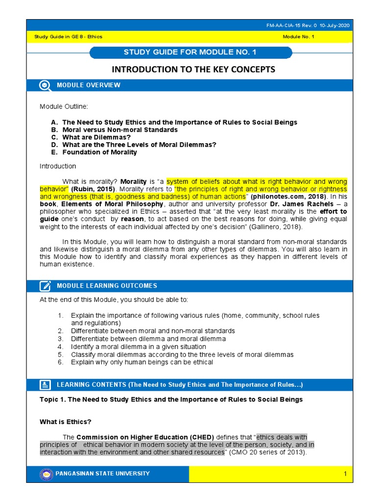 GE 8 Ethics Module 1 Study Guide | PDF | Morality | Reason