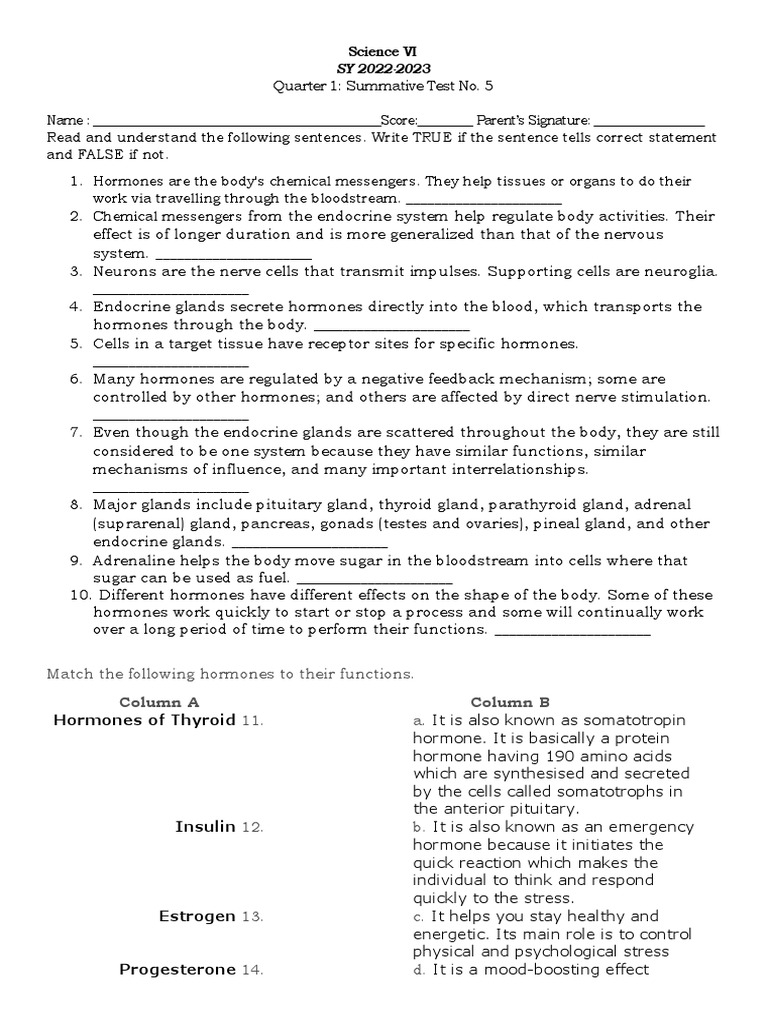 Science 6 q1 st5 | Download Free PDF | Hormone | Endocrine System