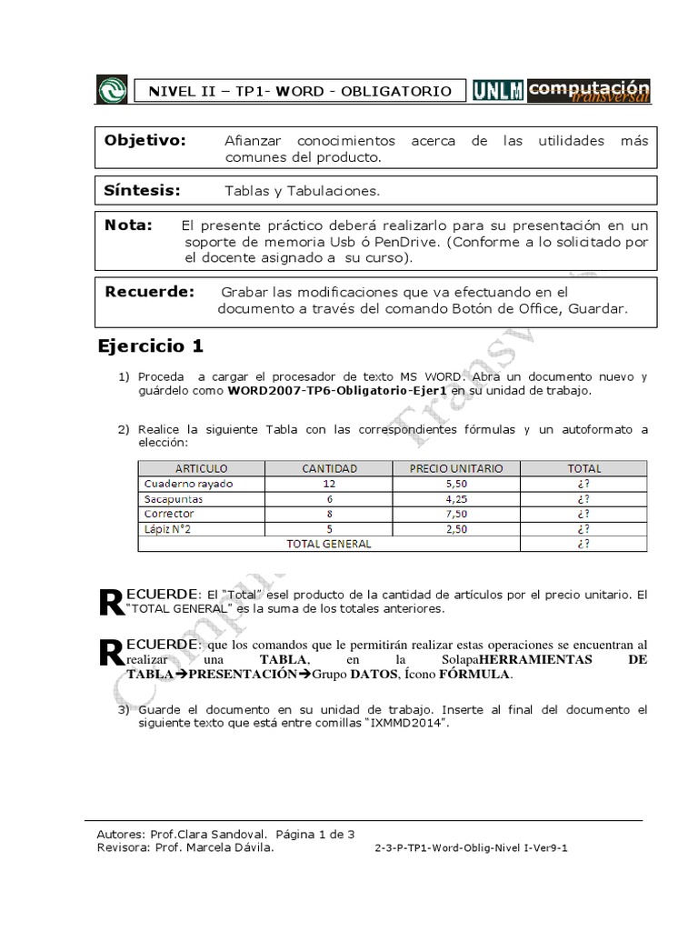 2-3-P-TP1-Word-Oblig-Nivel I-Ver9-1 | PDF | Microsoft Word | Science