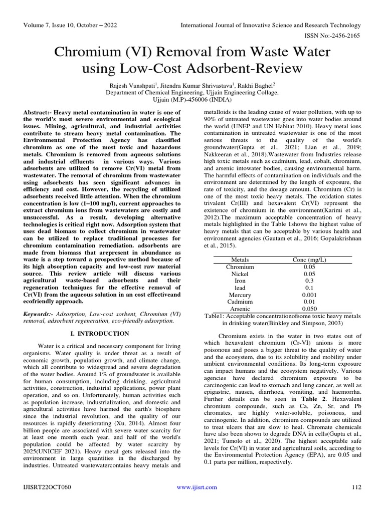 Chromium (VI) Removal From Waste Water Using Low-Cost Adsorbent-Review | PDF | Chromium | Adsorption