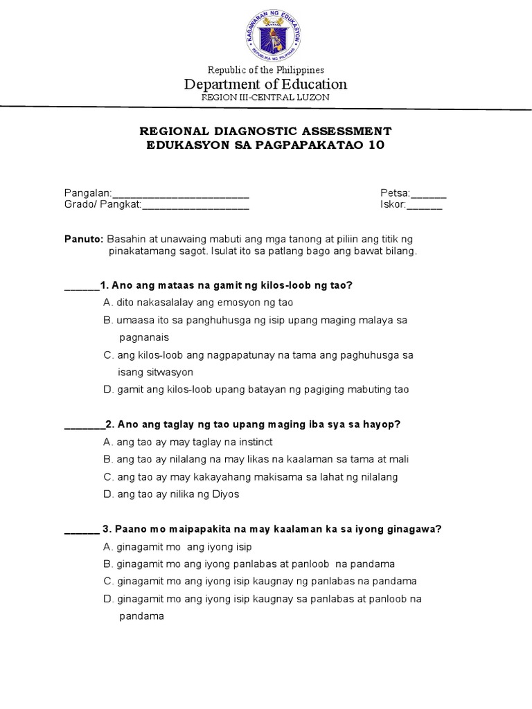 Diagnostic Assessment EsP Grade 10 | PDF