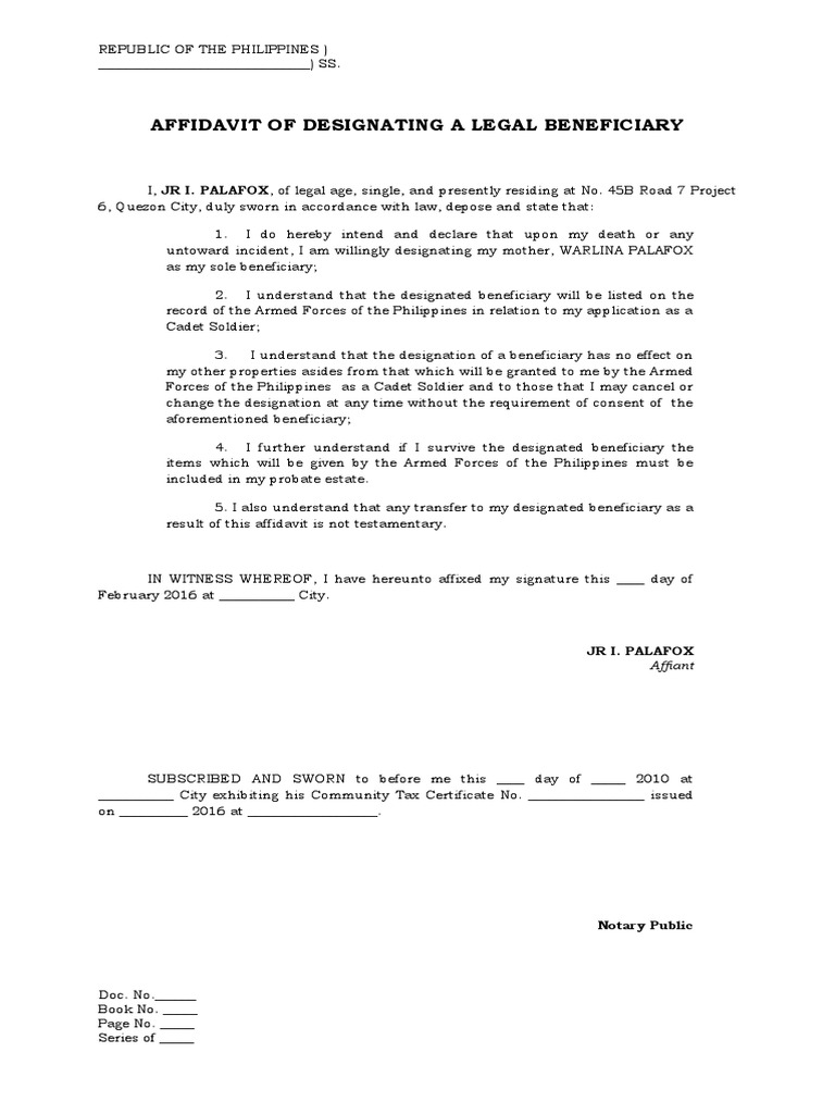 Affidavit for Legal Beneficiary Designation | PDF | Politics | Social ...