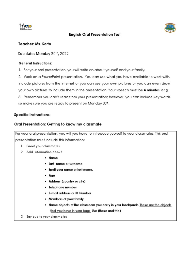 Grade 7 English Oral Presentation Guide | PDF | English Language ...
