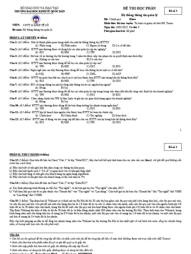 Đề thi học phần HTTTQL 13.1.2022 | PDF