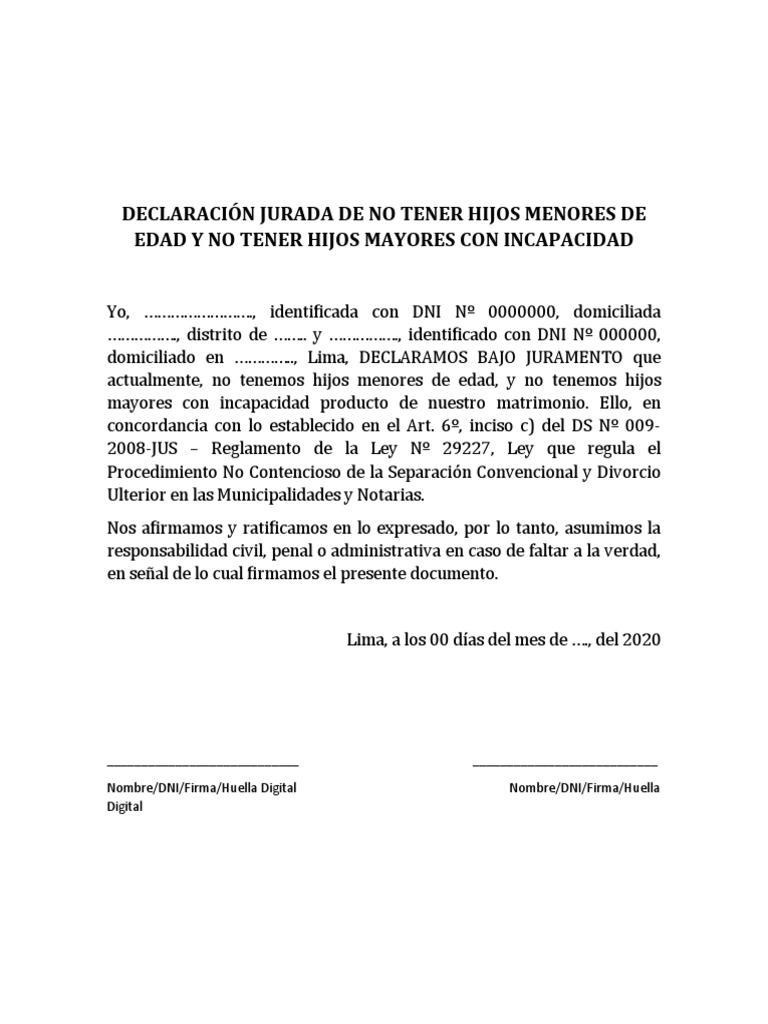 Declaración Jurada de No Tener Hijos Menores de Edad y No Tener Hijos Mayores Con Incapacidad ...