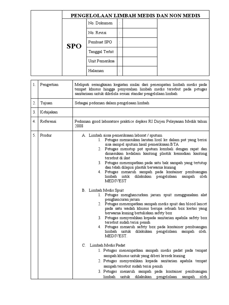 Sop Pengelolaan Limbah Medis Dan Non Medis | PDF