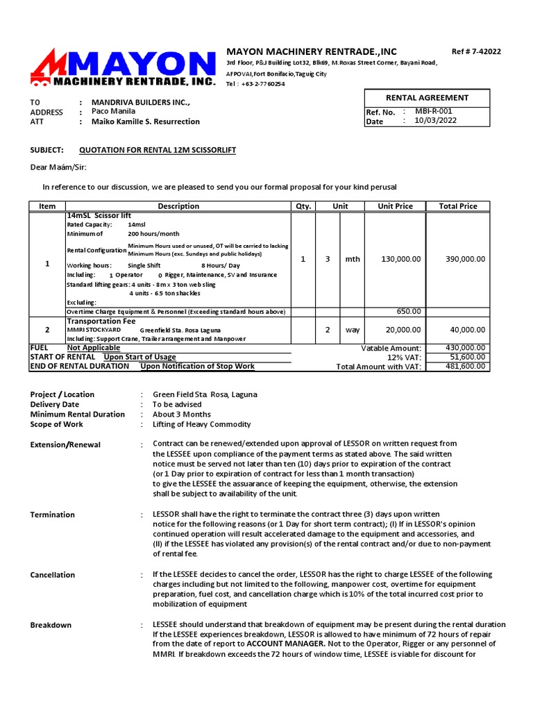 Rental Agreement Proposal for a 14m Scissor Lift | PDF | Lease | Renting