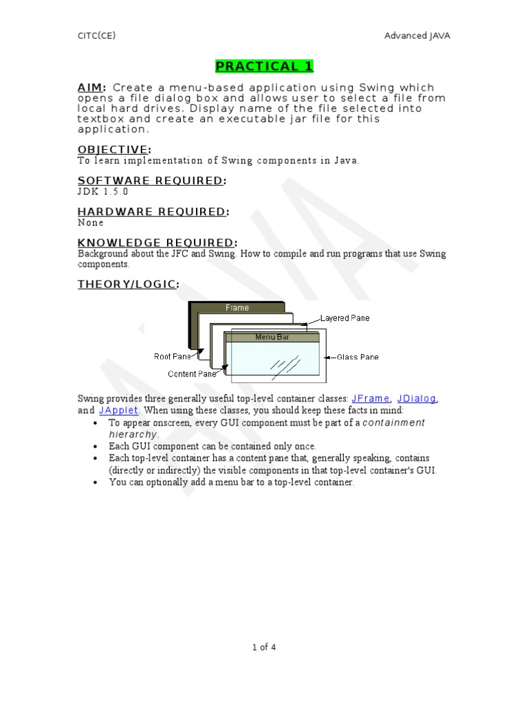 Practical 1: AIM: Create A Menu-Based Application Using Swing Which | PDF | Programming ...