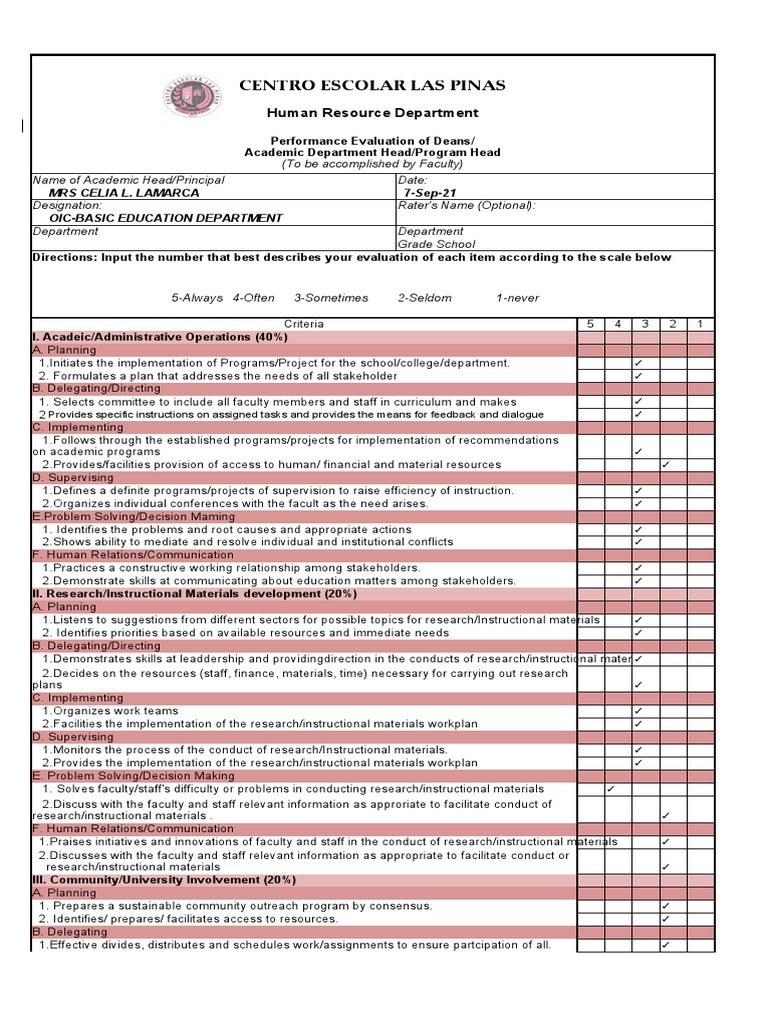 Performance Evaluation For Academic Program Head-Principal | PDF
